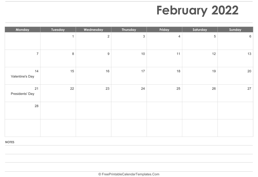February 2022 Calendar Printable with Holidays