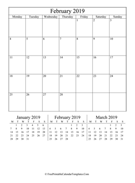 February 2019 Calendar Printable with Holidays