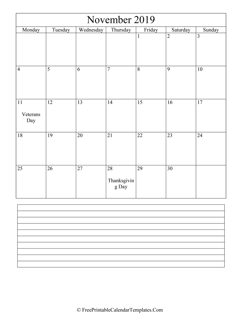 Calendar November 2019 with Notes (vertical)