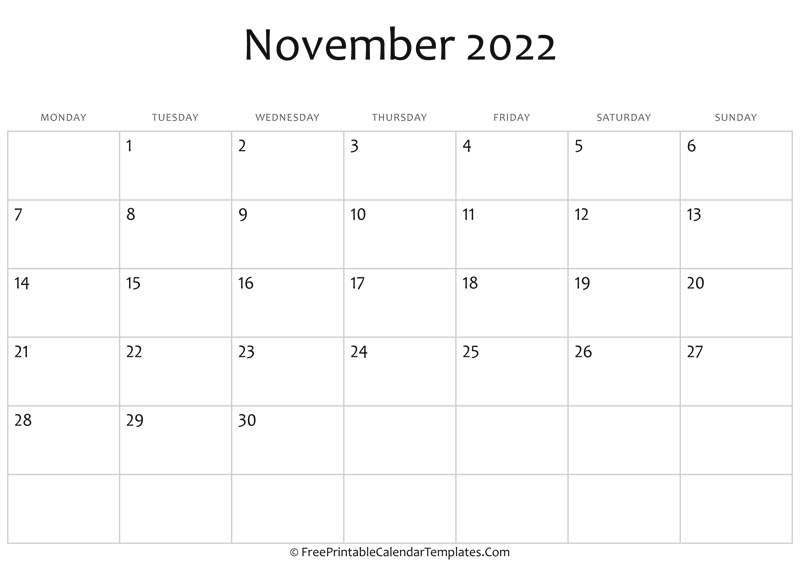 Fillable November Calendar 2022 (horizontal)