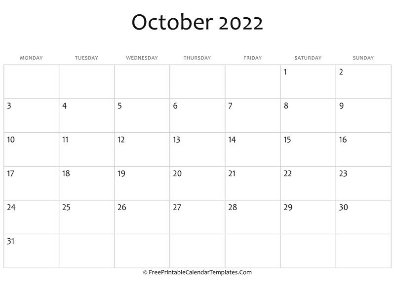 Fillable October Calendar 2022 (horizontal)