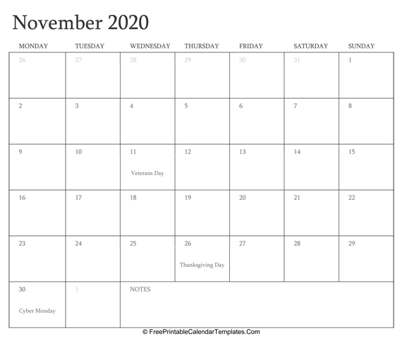 November 2020 Editable Calendar with Holidays and Notes