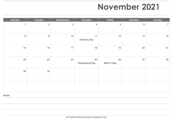November 2021 Calendar Printable with Holidays